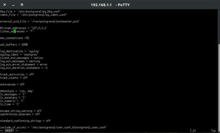 Putty – Fichier postgresql.conf modifié – Aureus Web Factory